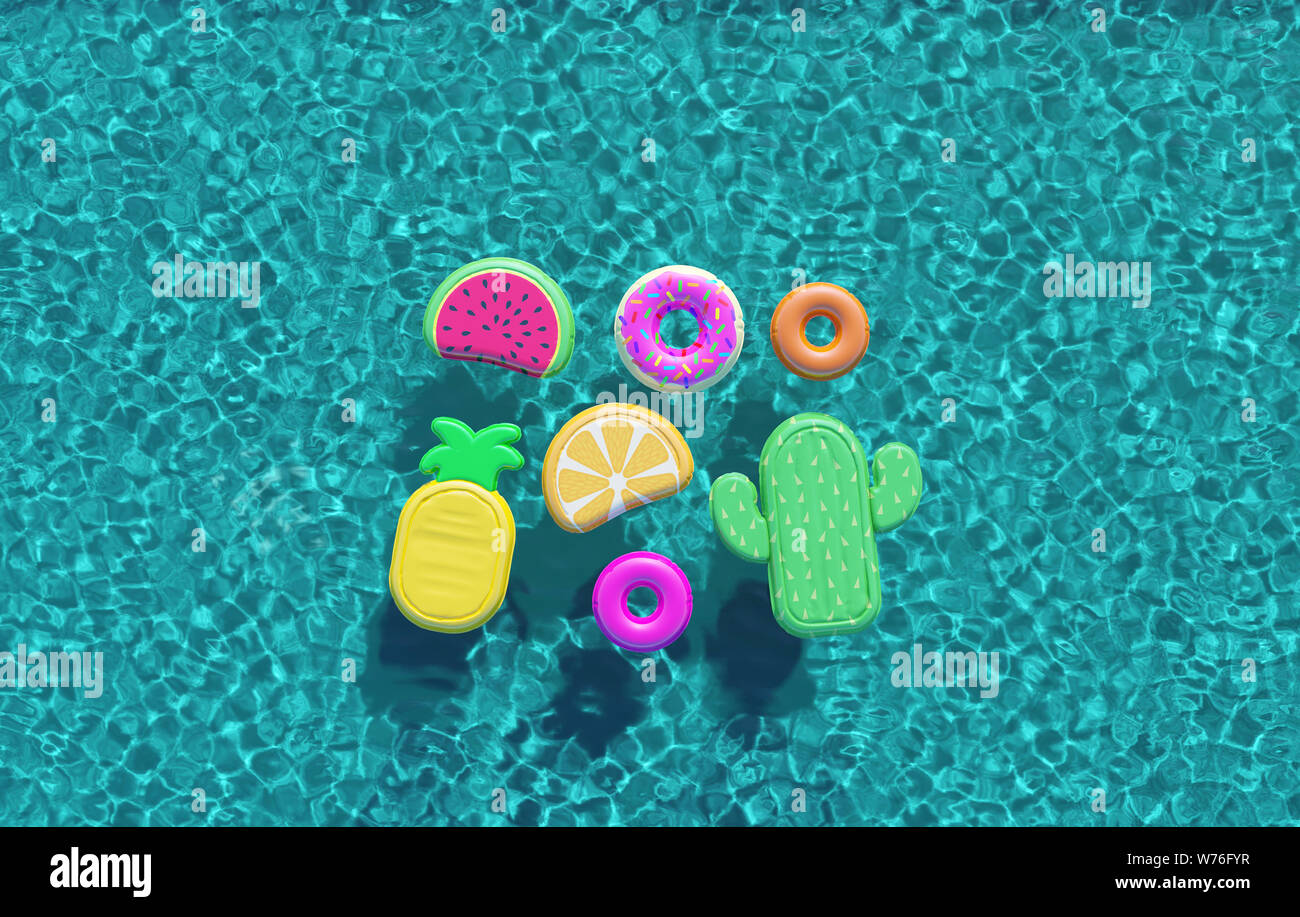 Summer swimming pool full of fun pool floats. Overhead view. 3D ...