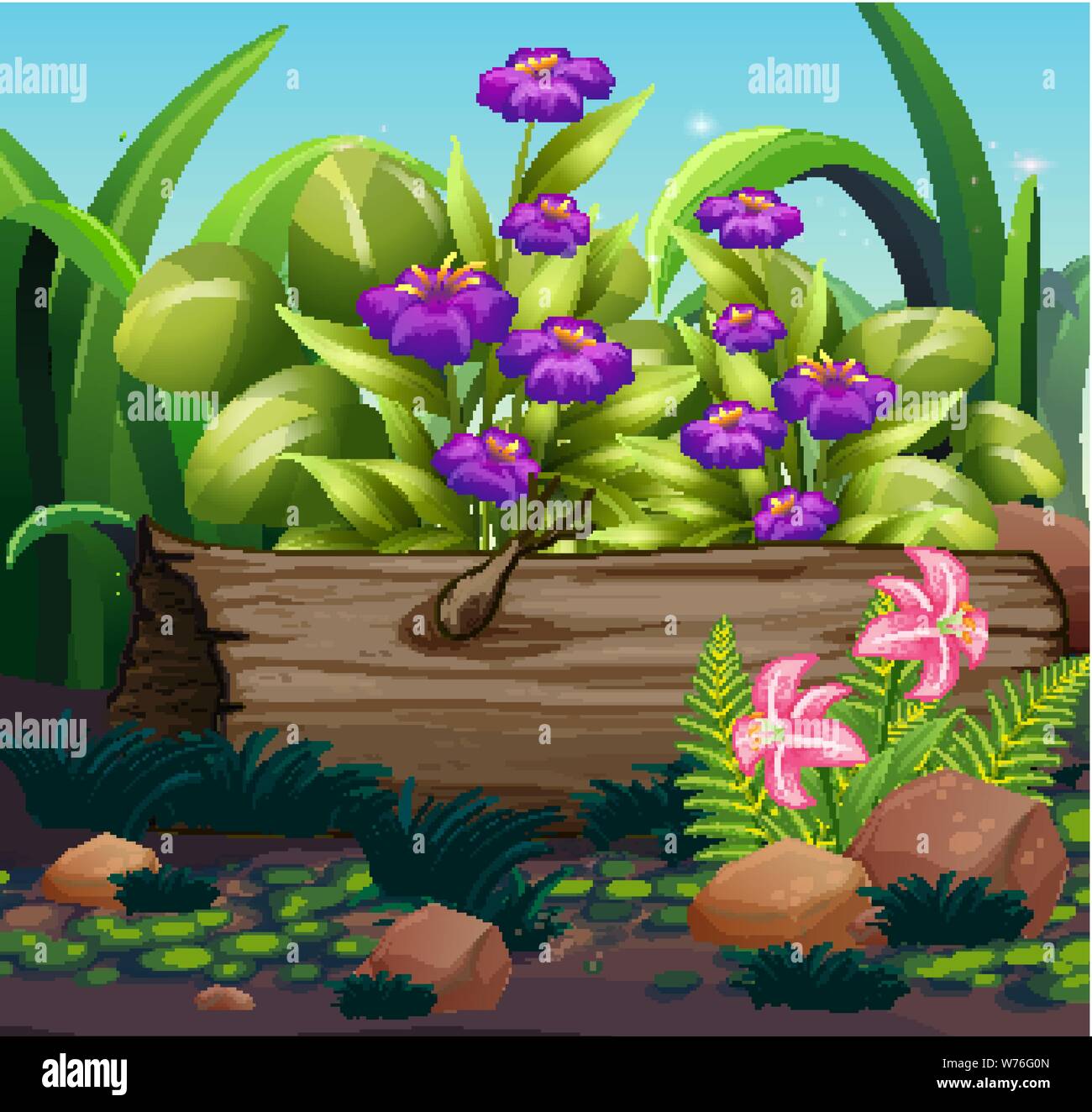 Nature scene with purple flowers in garden illustration Stock Vector ...