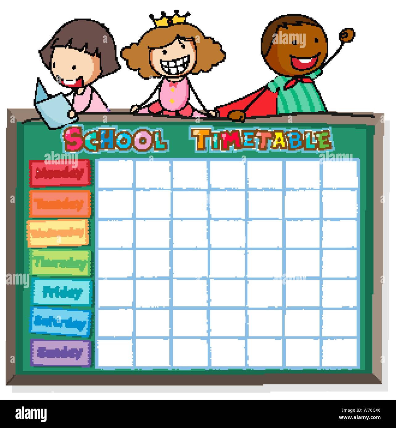 School timetable template with boys and girls illustration Stock Vector ...