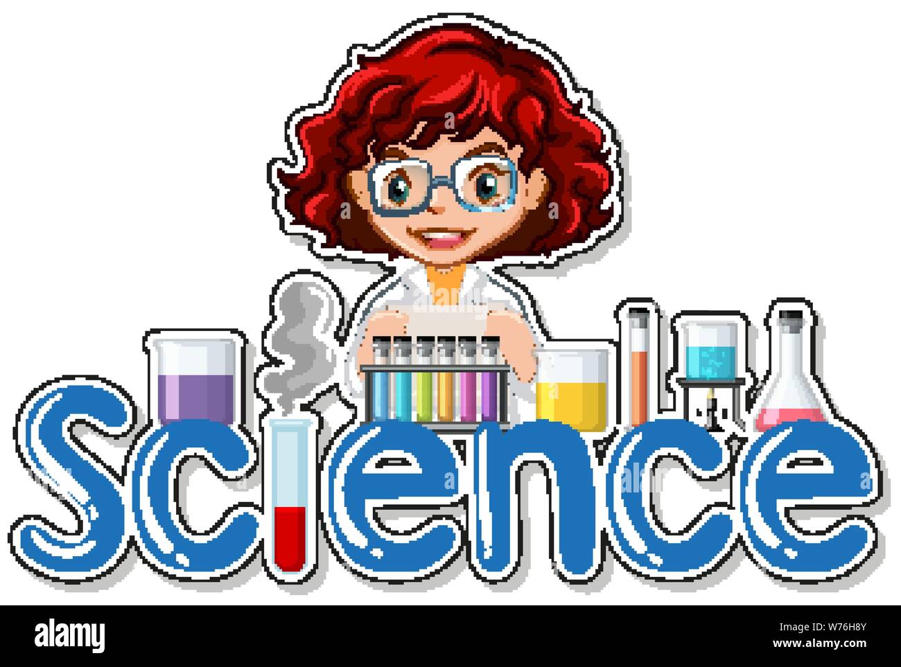 Sticker design for science with girl working in lab illustration Stock ...