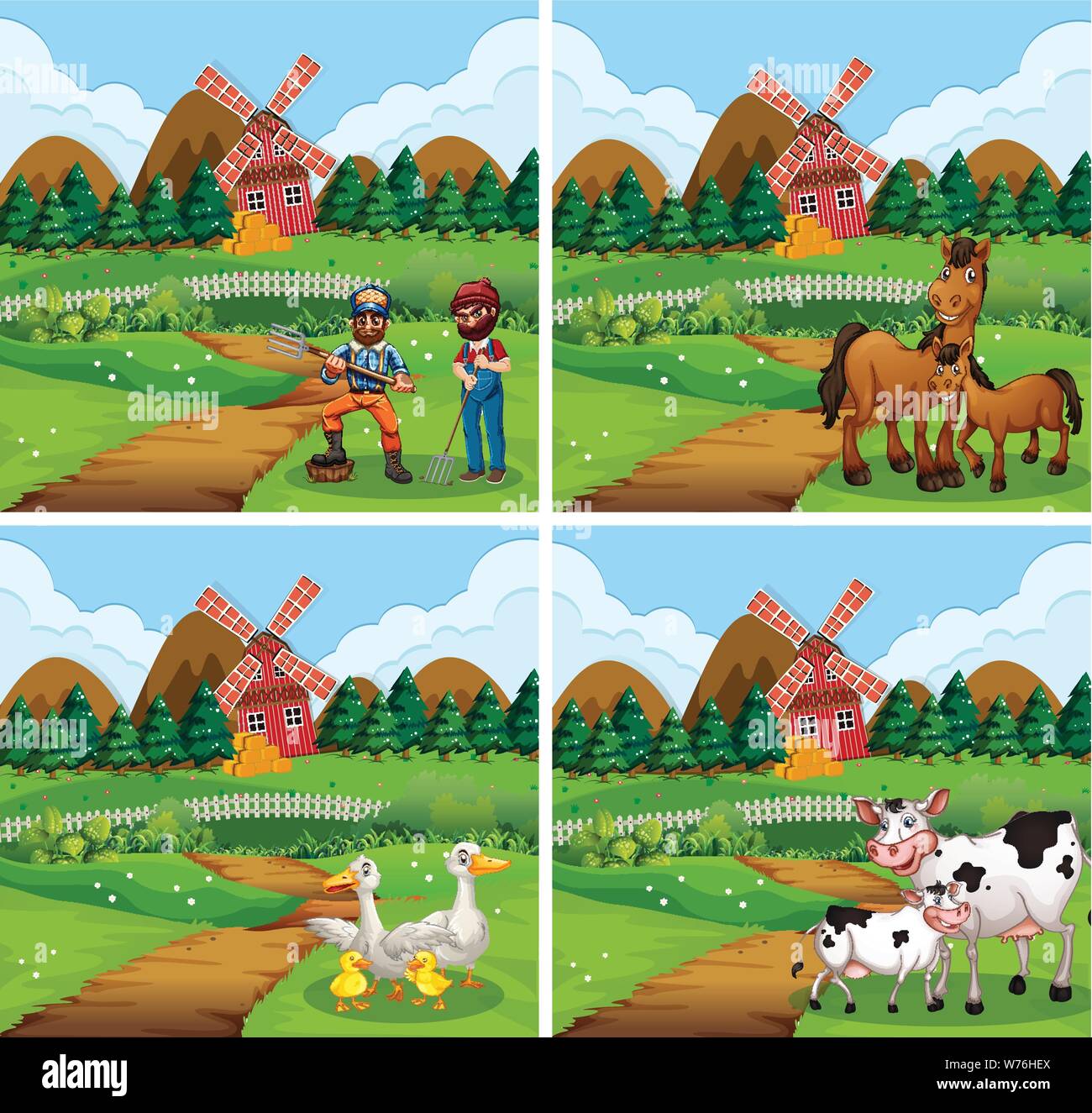 Set of different farm scenes with animals and people illustration Stock ...
