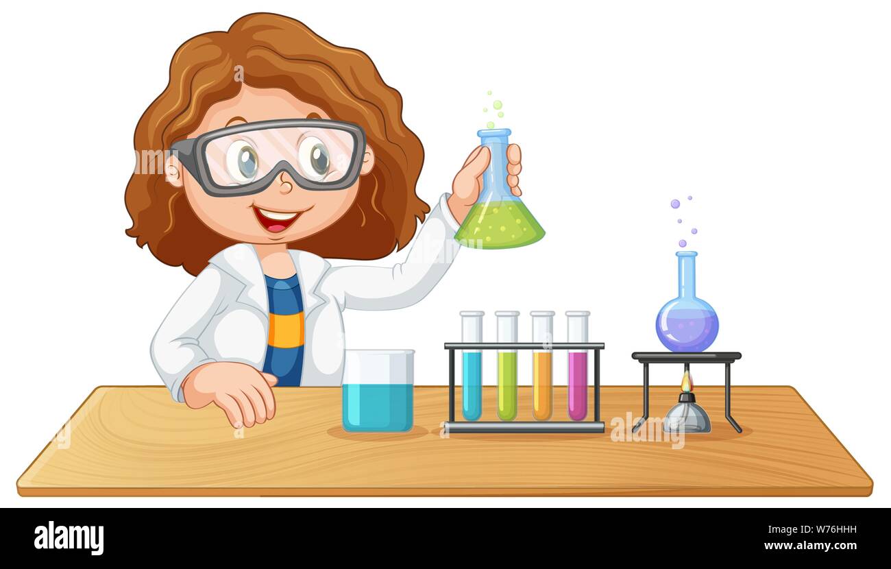 Adorable girl on isolated white background with science theme ...