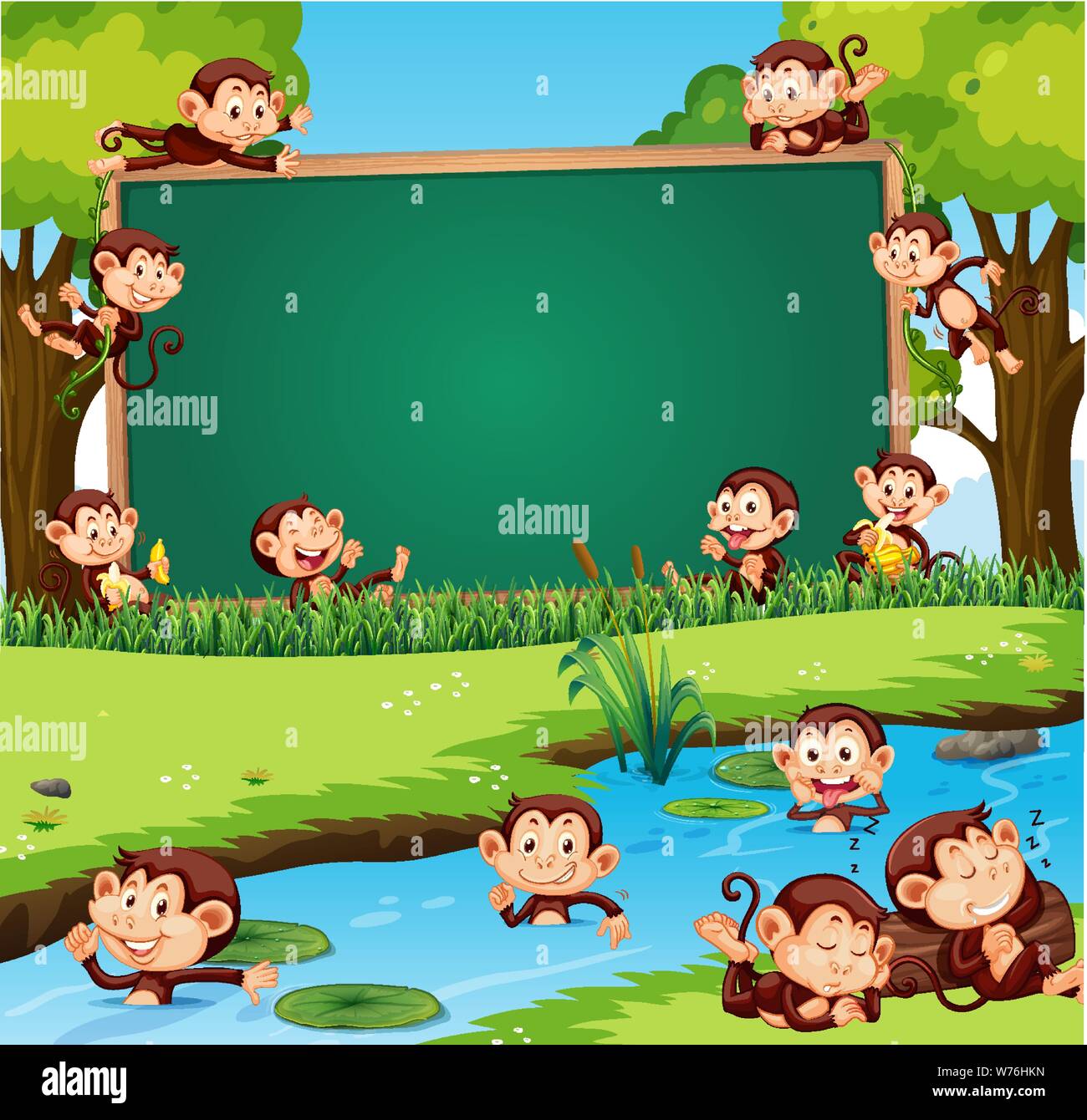 Border template design with cute monkeys in the park illustration Stock ...