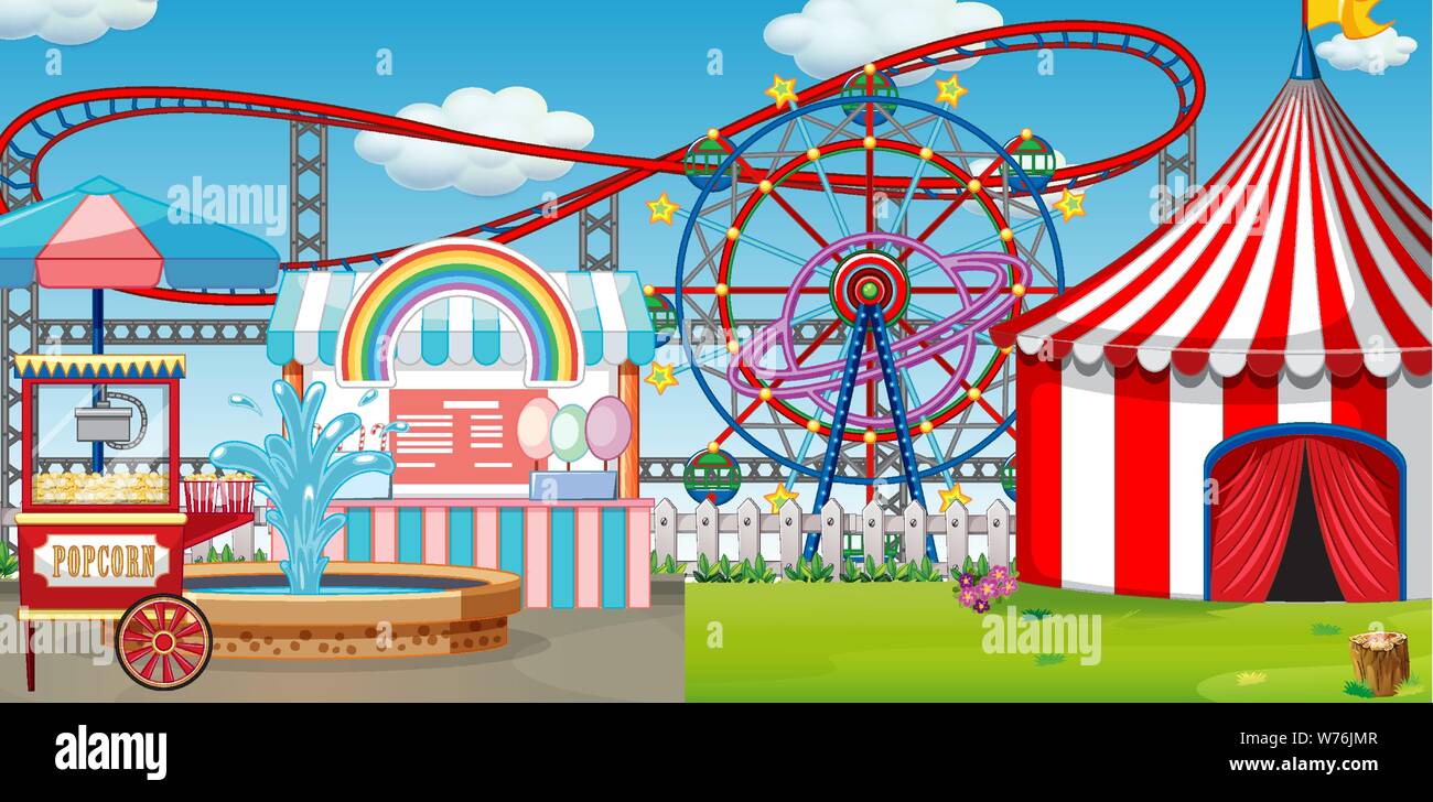 An outdoor funfair scene with roller coaster illustration Stock Vector ...