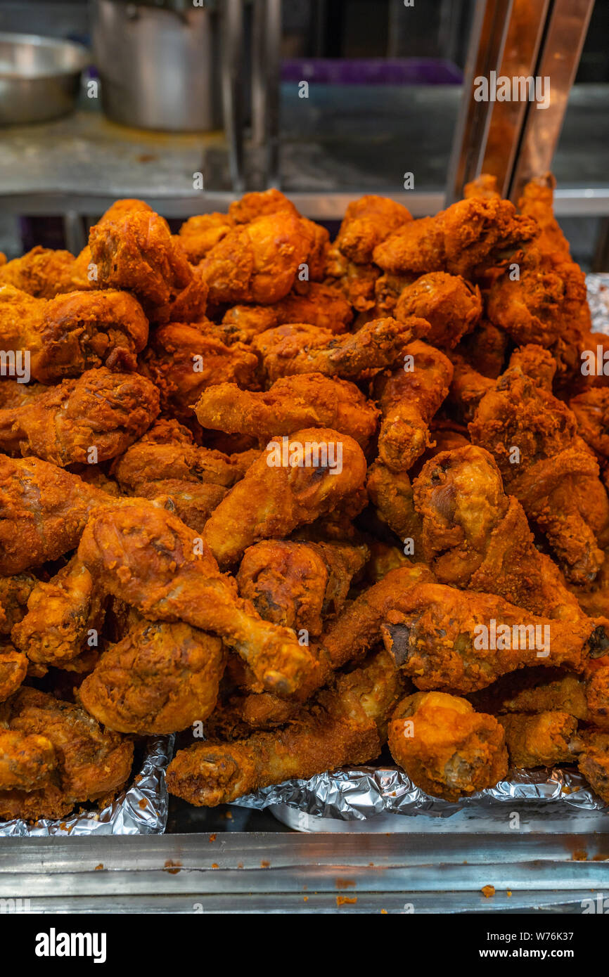 Yummy fried chicken drumsticks with batter at food stand Stock Photo ...