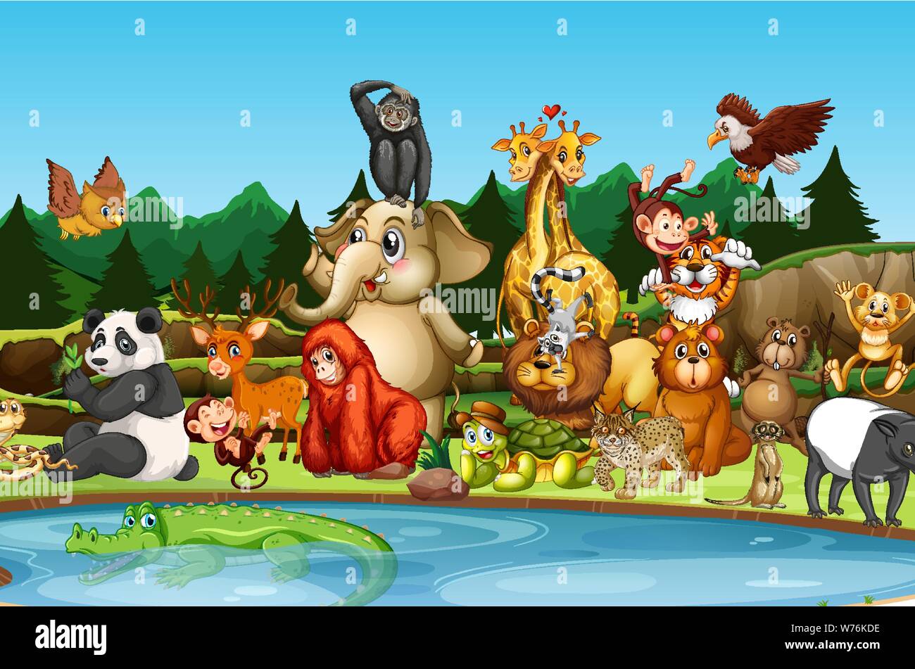 Many cute animals by the pond illustration Stock Vector Image & Art - Alamy