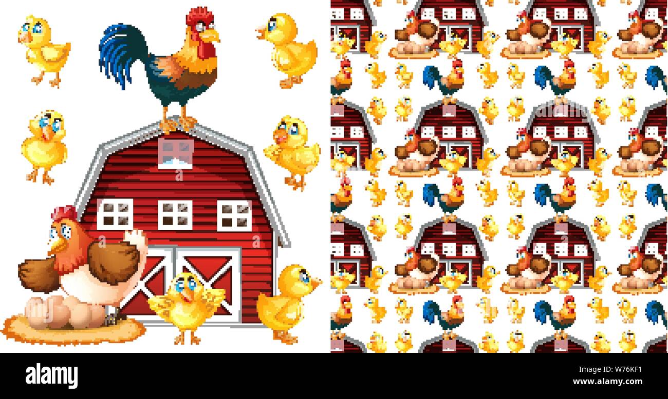 Seamless background design with chickens and barn illustration Stock ...