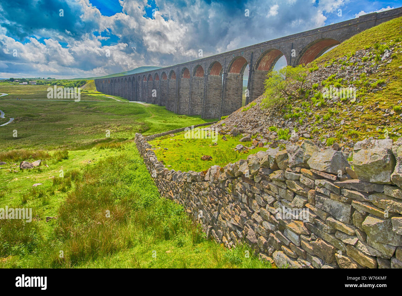View of a large old Victorian railway viaduct across valley in rural ...