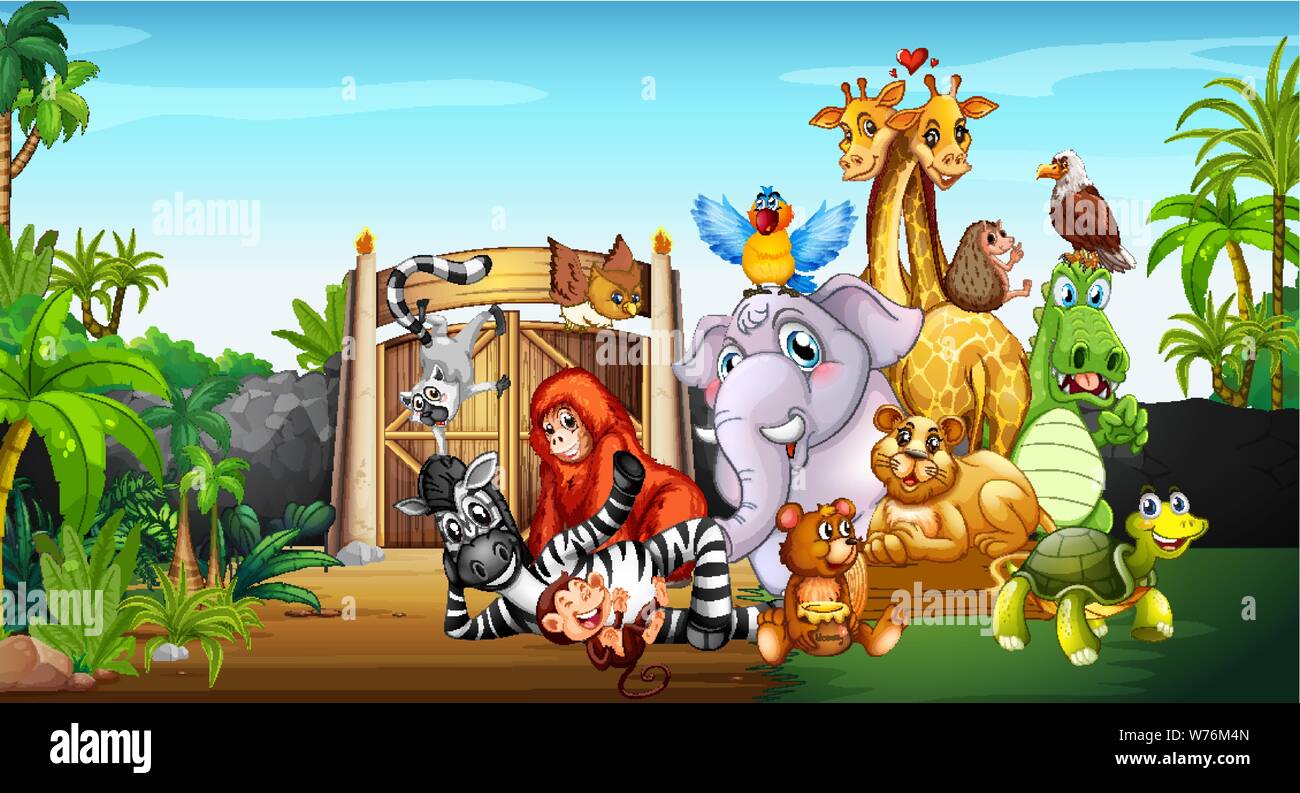 Many cute animals at the zoo illustration Stock Vector Image & Art - Alamy