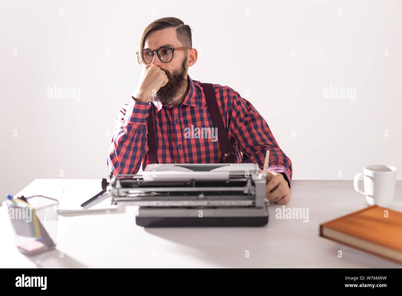 People and technology concept - Portrait of writer working on ...