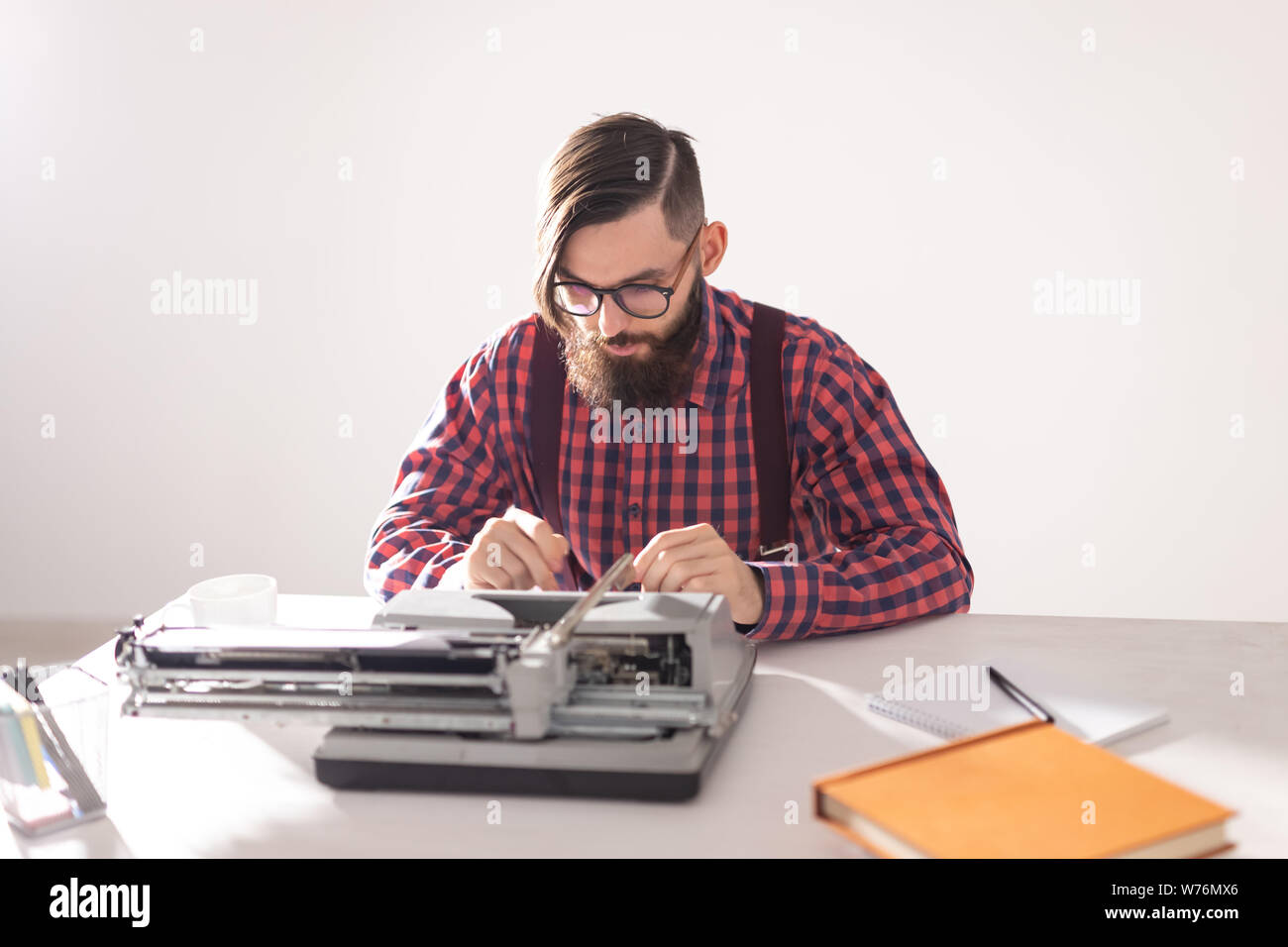 People and technology concept - Portrait of writer working on ...