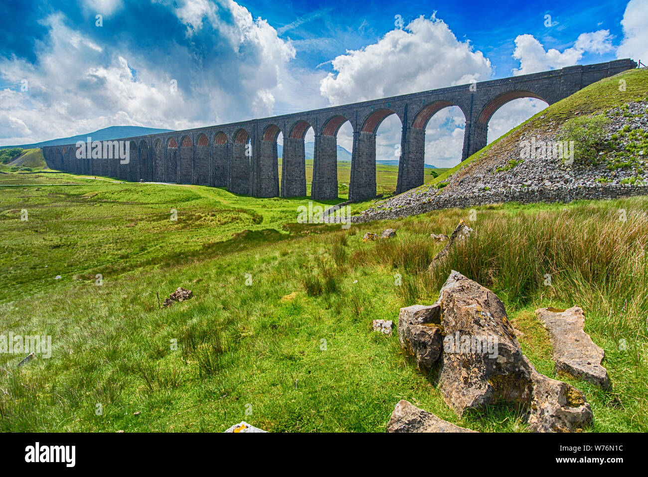 View of a large old Victorian railway viaduct across valley in rural ...