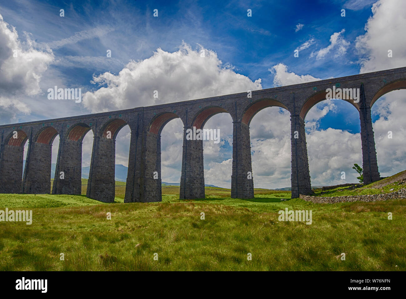 View of a large old Victorian railway viaduct across valley in rural ...