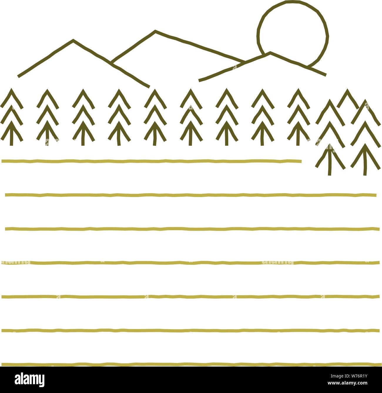 Flat prairie land below trees and mountains. Simple rough line Stock ...