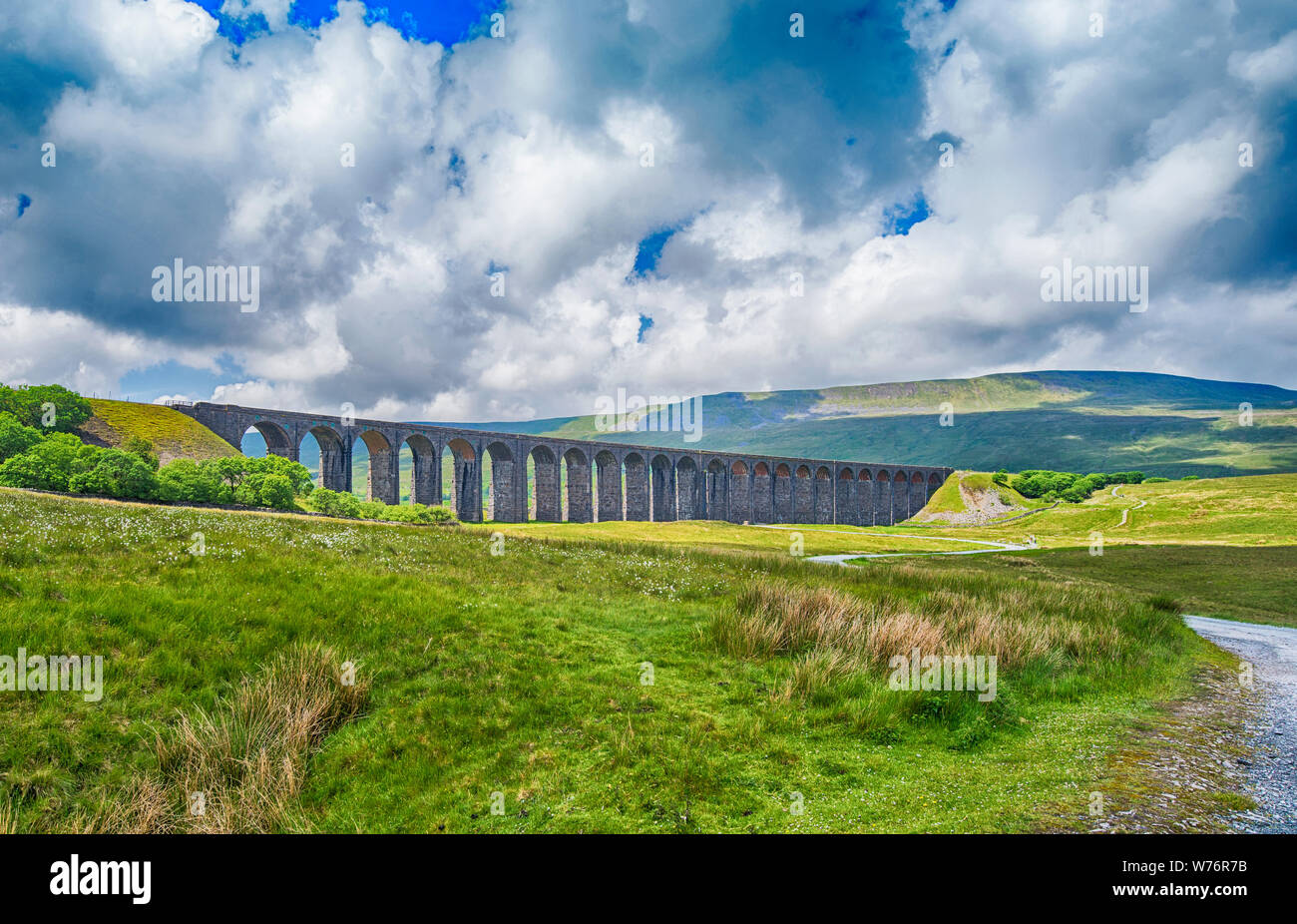 View of a large old Victorian railway viaduct across valley in rural ...