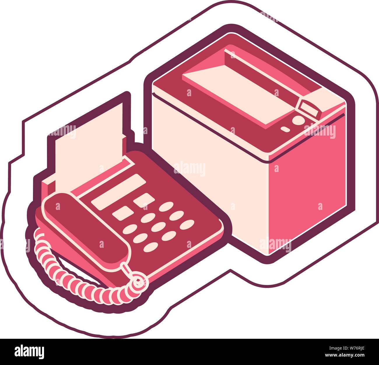Iconic landline telephone, fax machine & printer system graphic with an ...