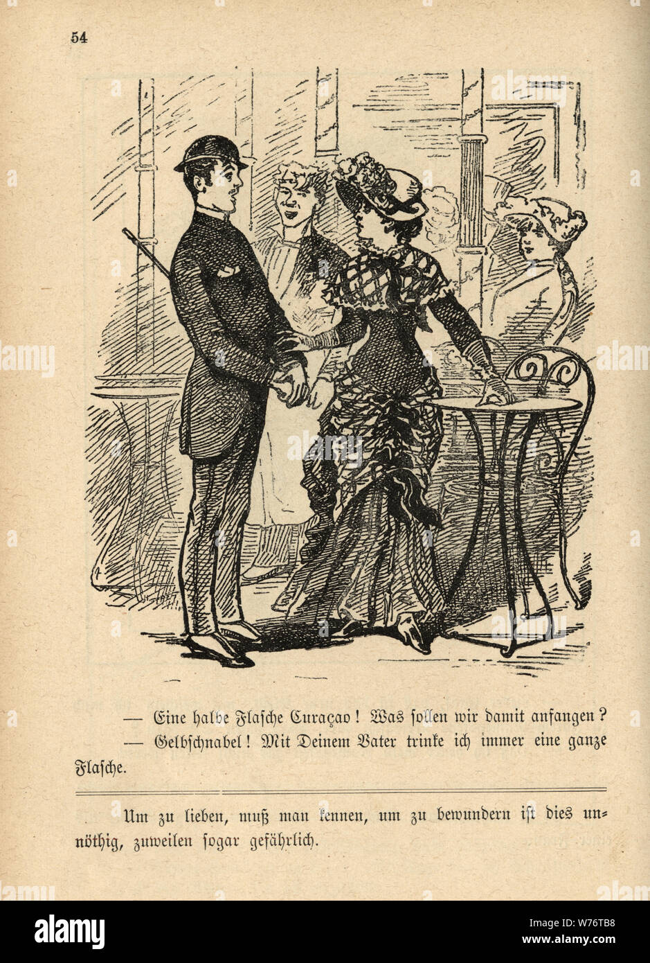 German cartoon of young couple outside a cafe, 19th Century Stock Photo ...