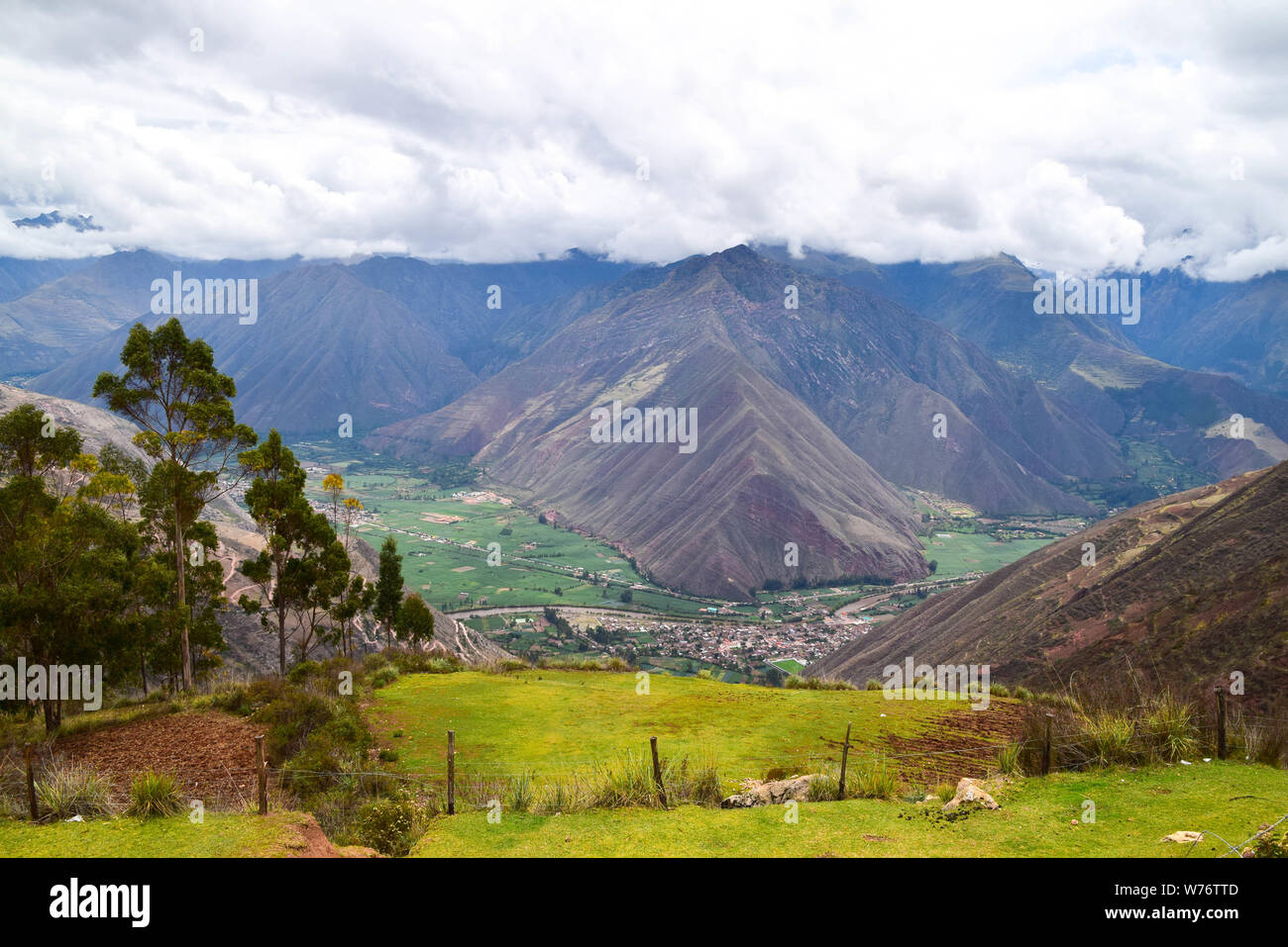 View of Sacred Valley landscape in the Cusco region in Peru on a cloudy ...
