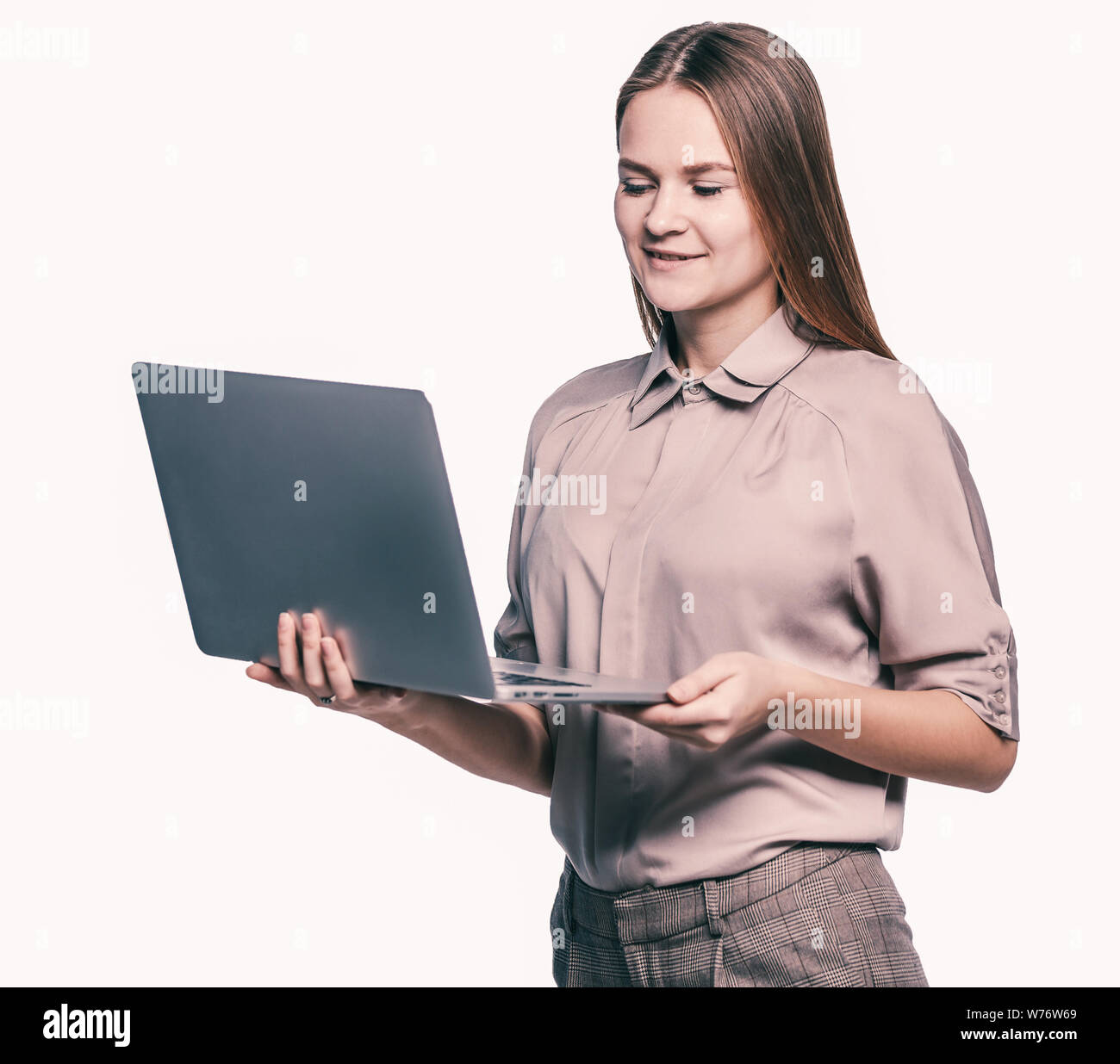 portrait of a woman administrator with laptop on white background Stock ...