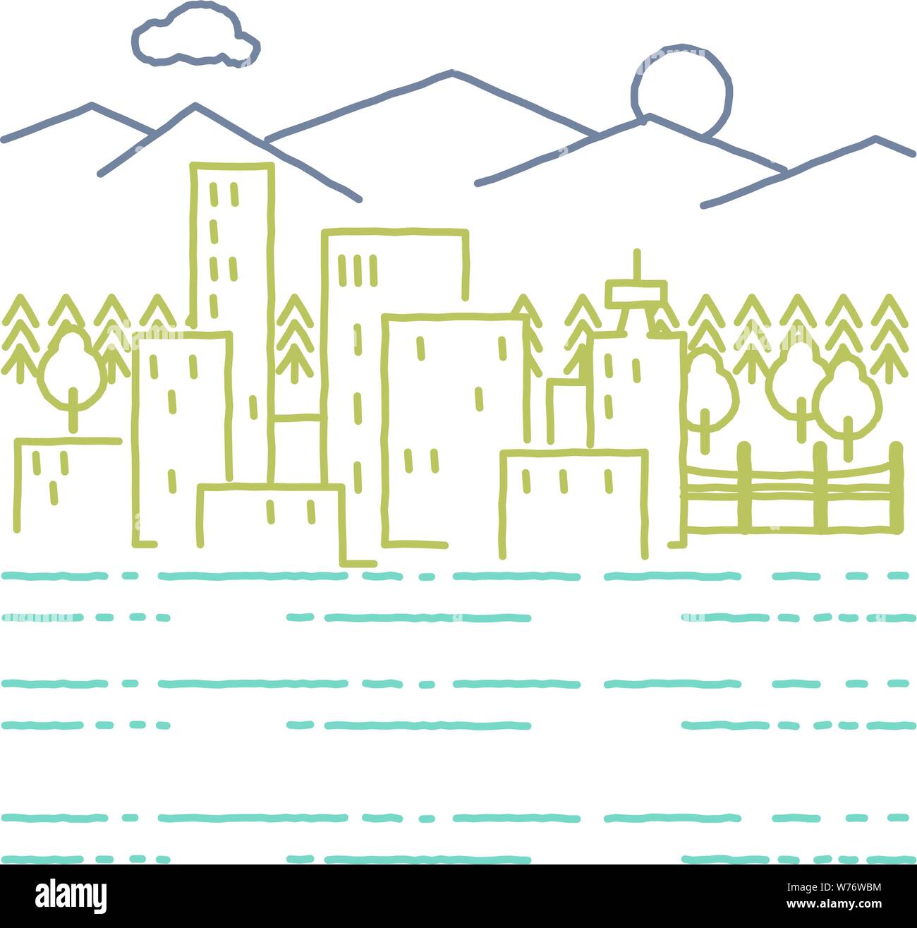 A line drawn city below mountains near the ocean Stock Vector Image ...