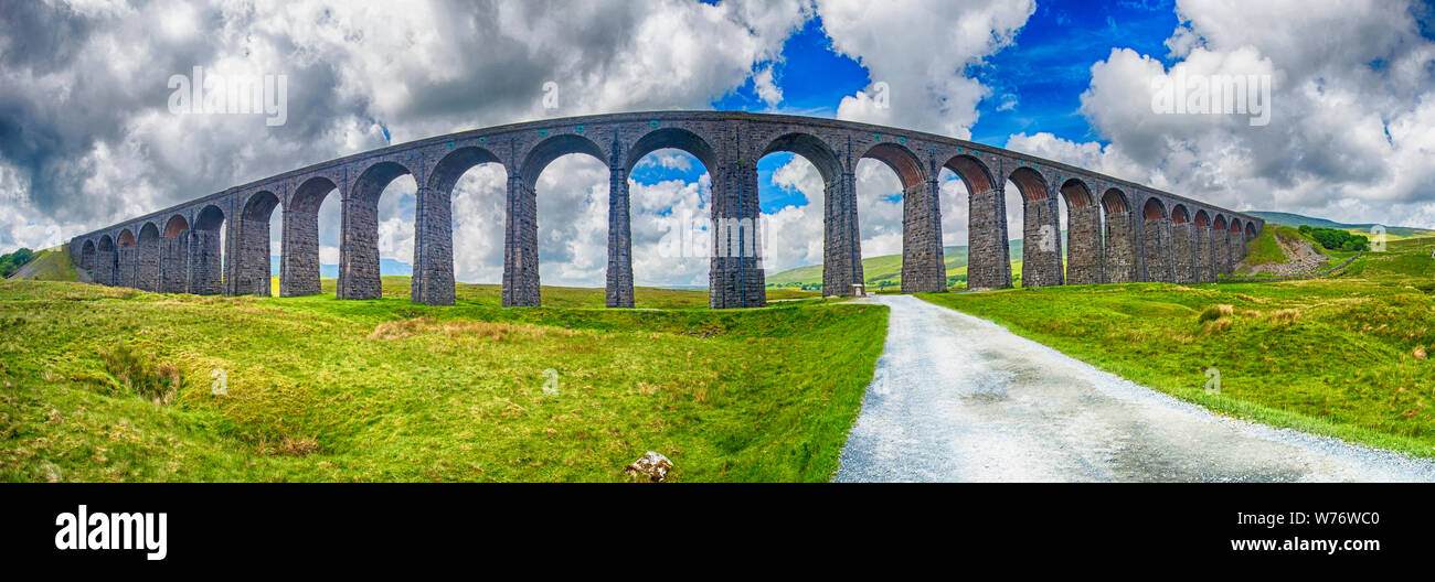 View of a large old Victorian railway viaduct across valley in rural ...