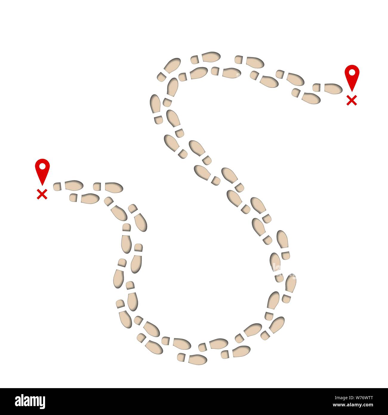 Footprint trail from start point to finish pin. Print of boots. vector ...