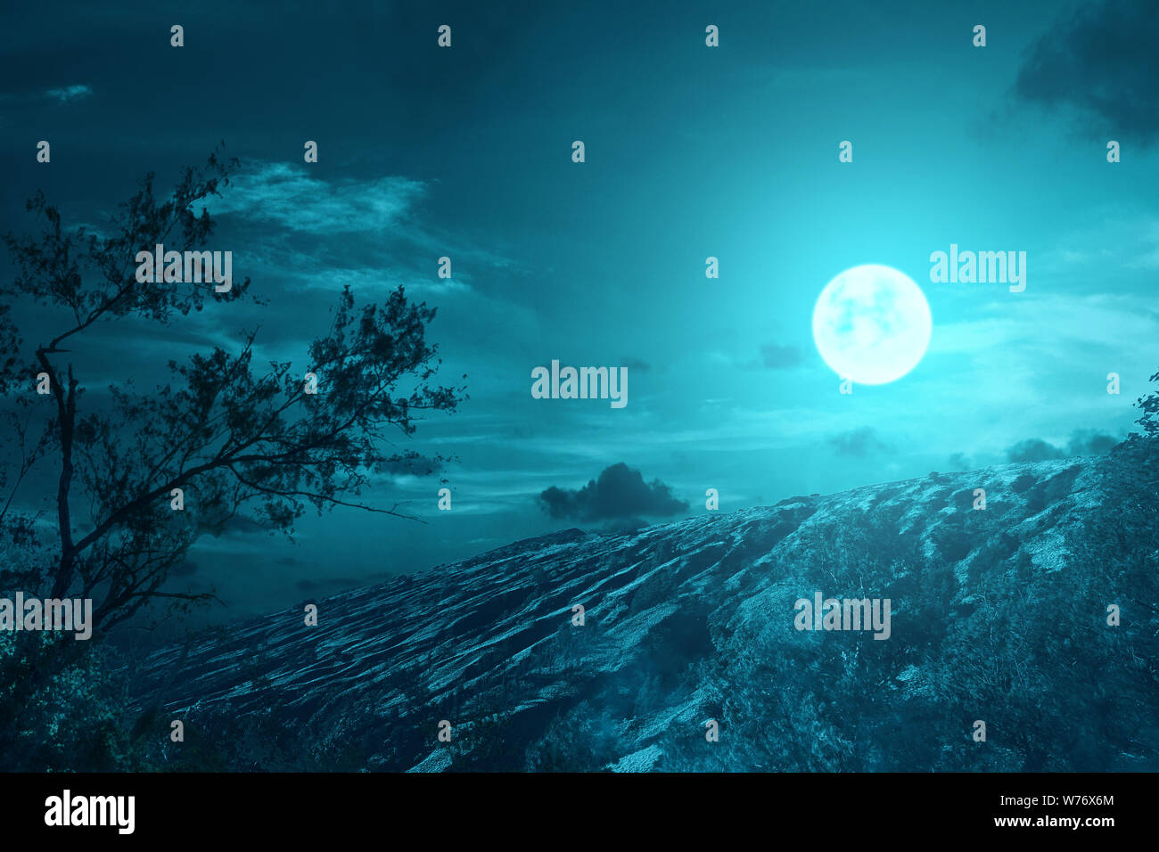 The spooky hill at night with moonlight background. Halloween ...