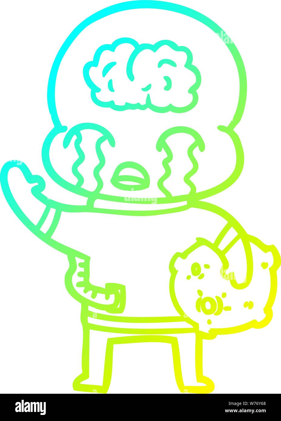 cold gradient line drawing of a cartoon big brain alien crying and ...