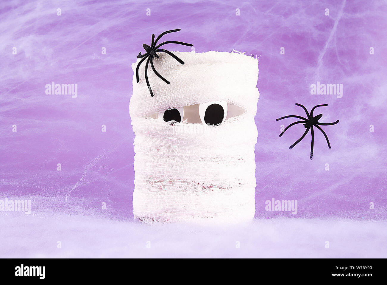Halloween holiday concept. White spider web with two black spider web ...