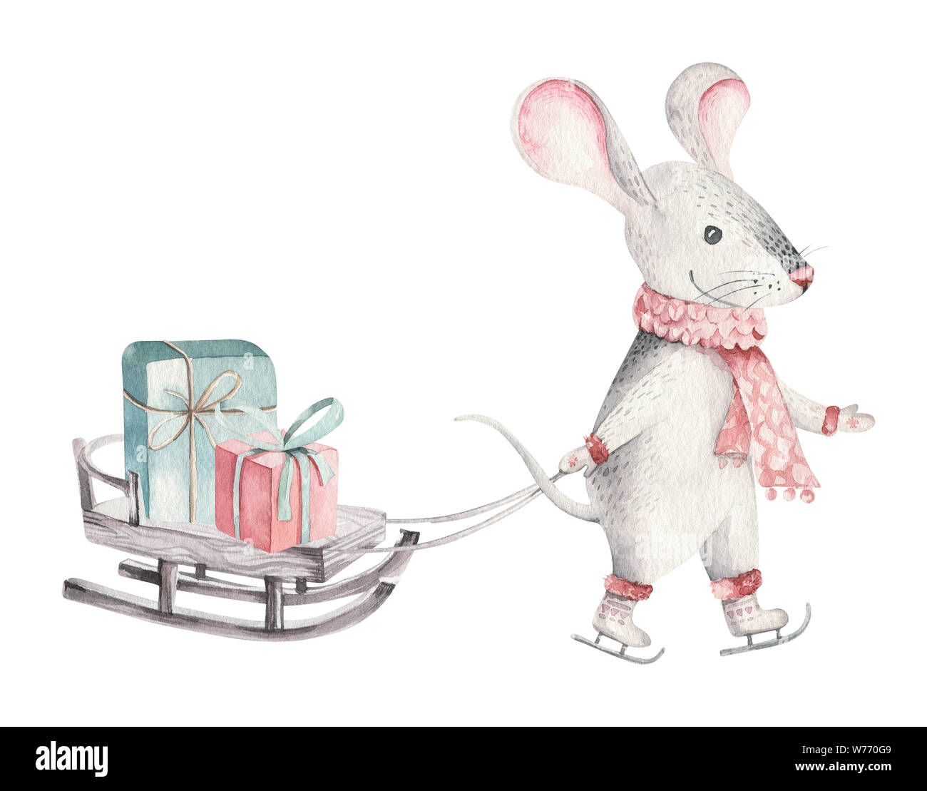 Cute cartoon christmas rat mouse christmas card. Watercolor hand drawn ...