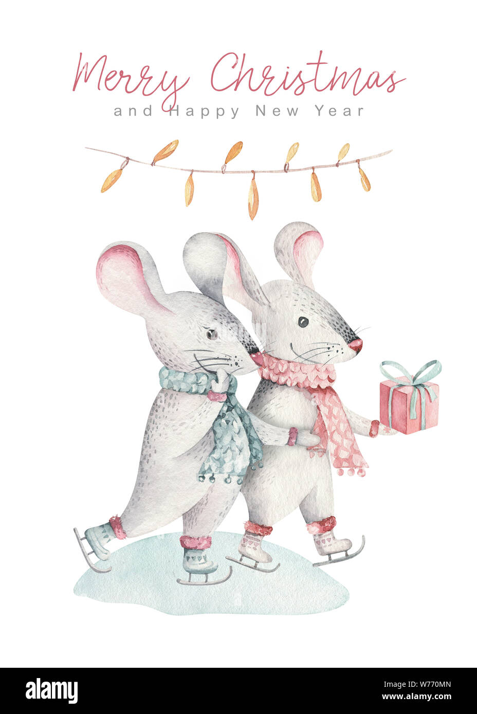 Cute cartoon christmas rat mouse christmas card. Watercolor hand drawn ...