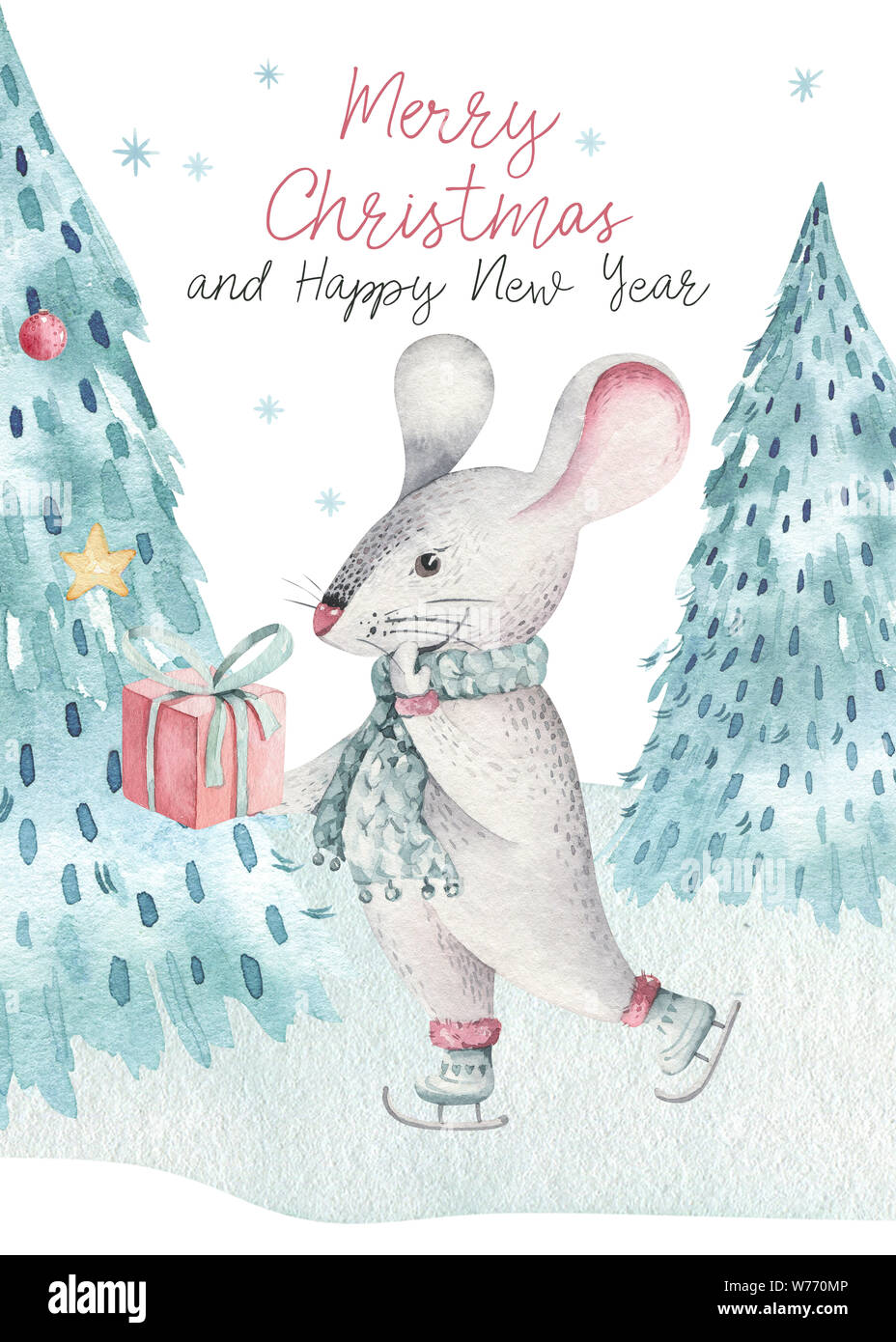 Cute cartoon christmas rat mouse christmas card. Watercolor hand drawn ...