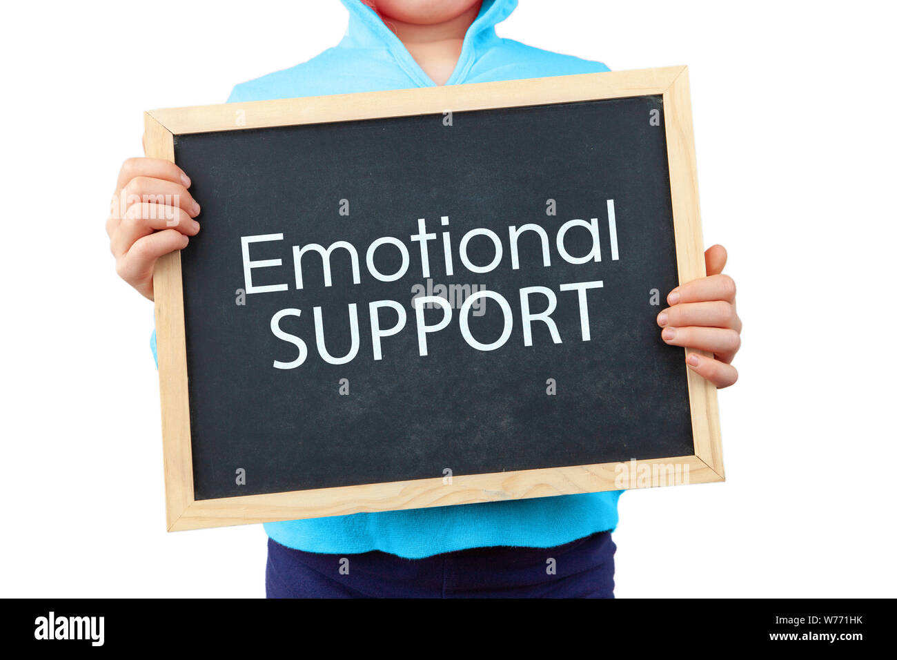 Emotional Support concept depicted with child holding blackboard with ...