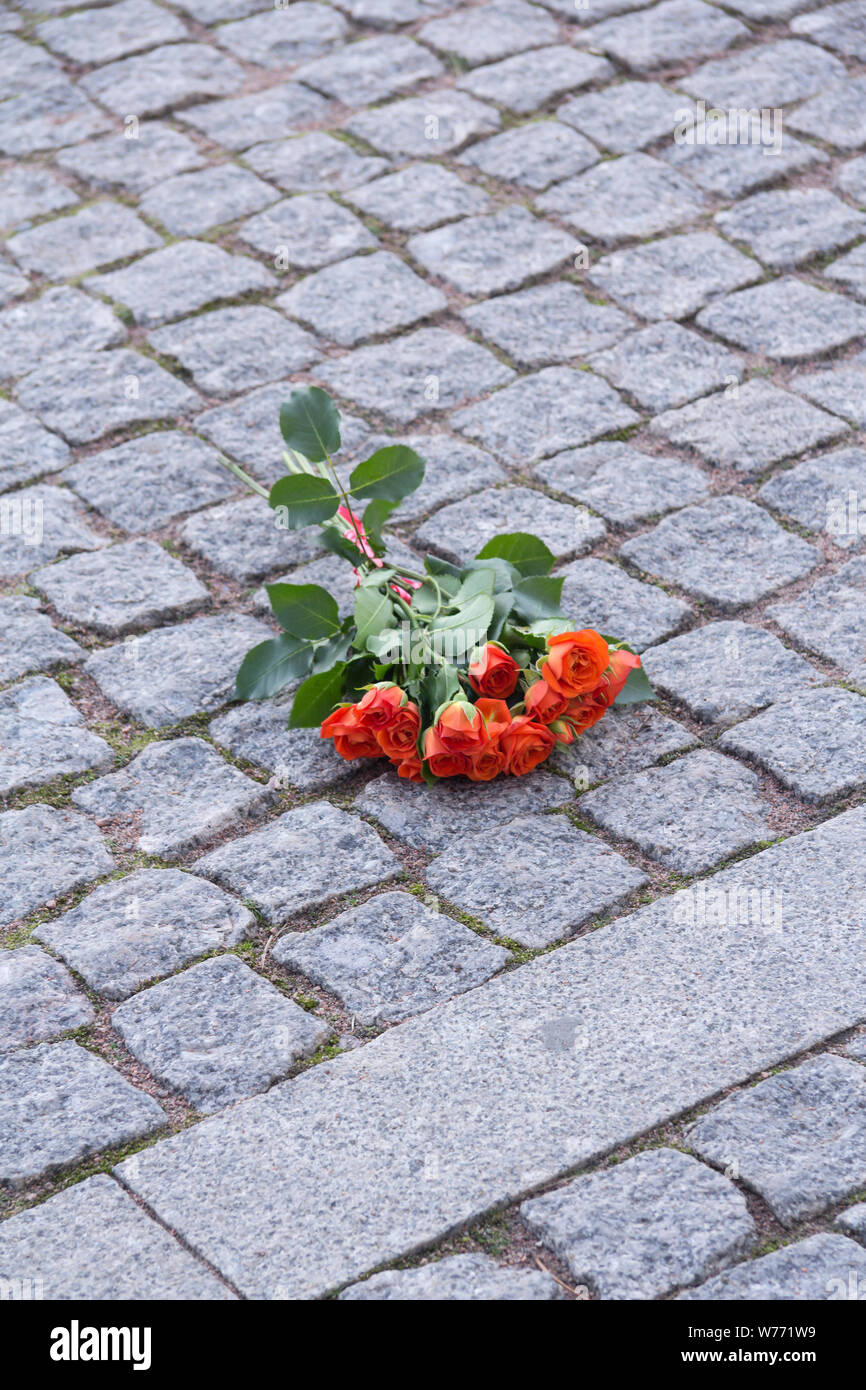 A bouquet of bright coral Roses on stone pavement in the city Stock ...