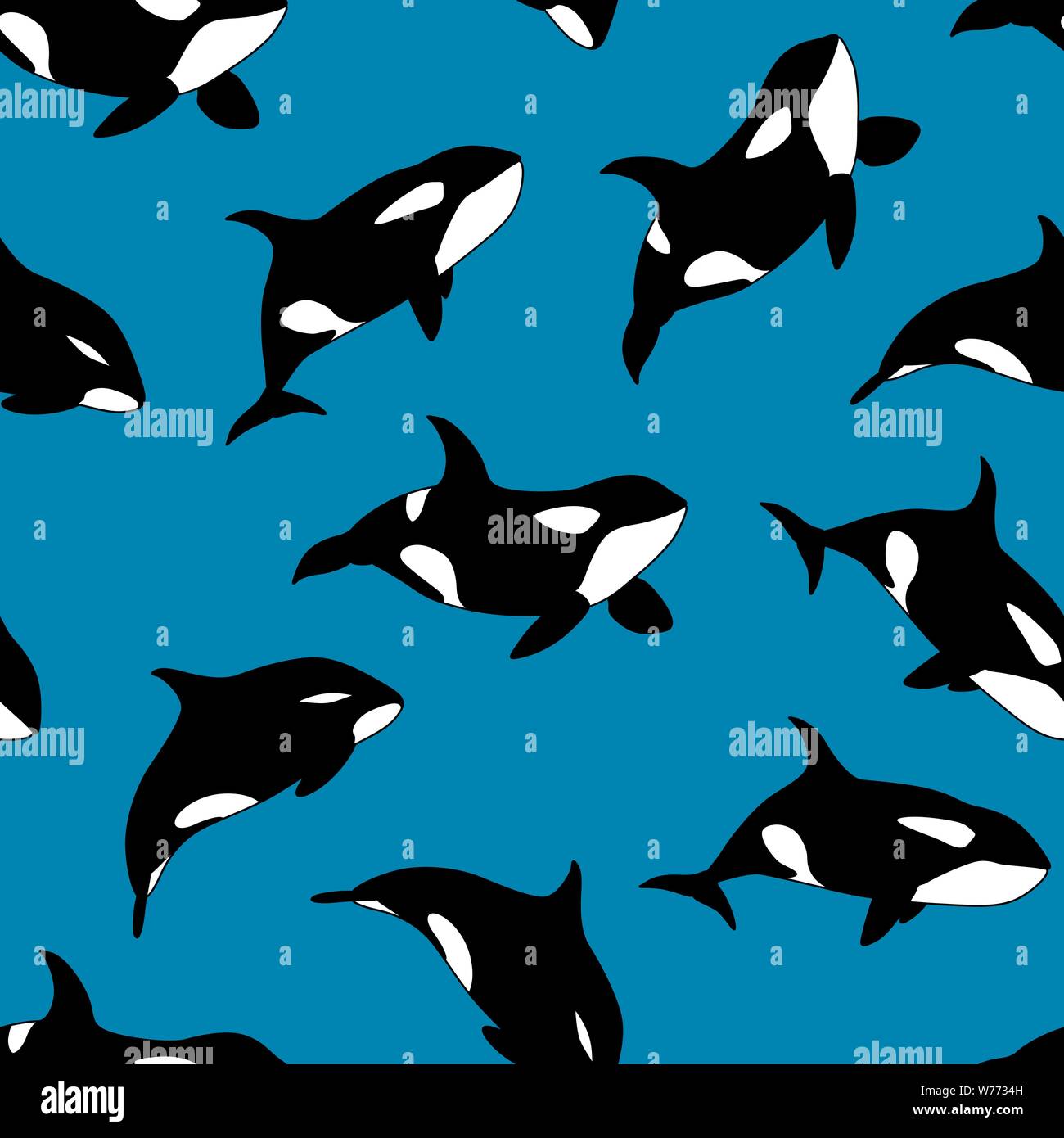 Vector seamless pattern of hand drawn killer whale swimming on blue ...