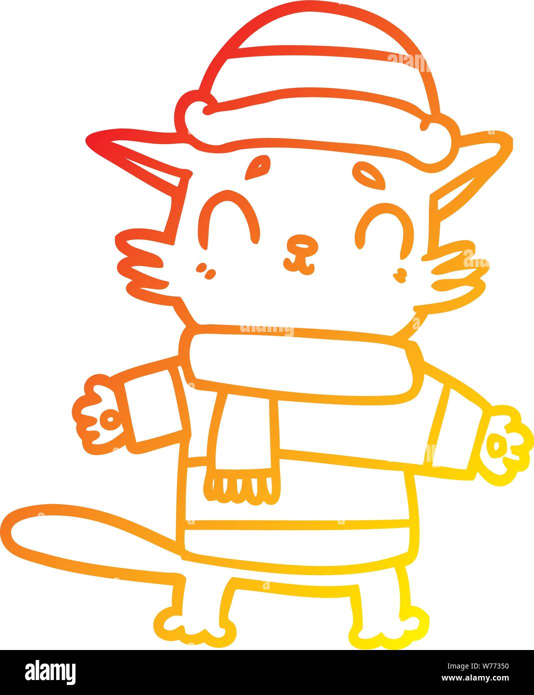 warm gradient line drawing of a cartoon cat in winter clothes Stock ...
