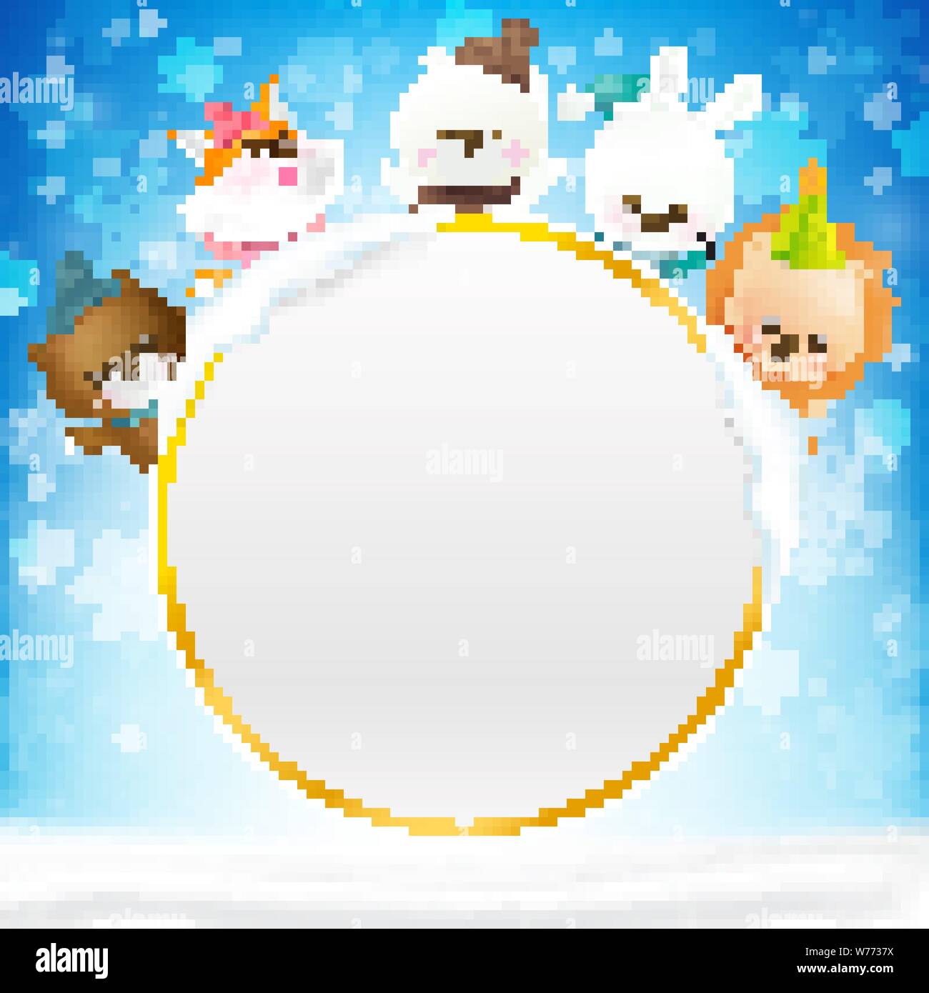 Blank circle frame with copy space and cartoon animal winter snow flake ...