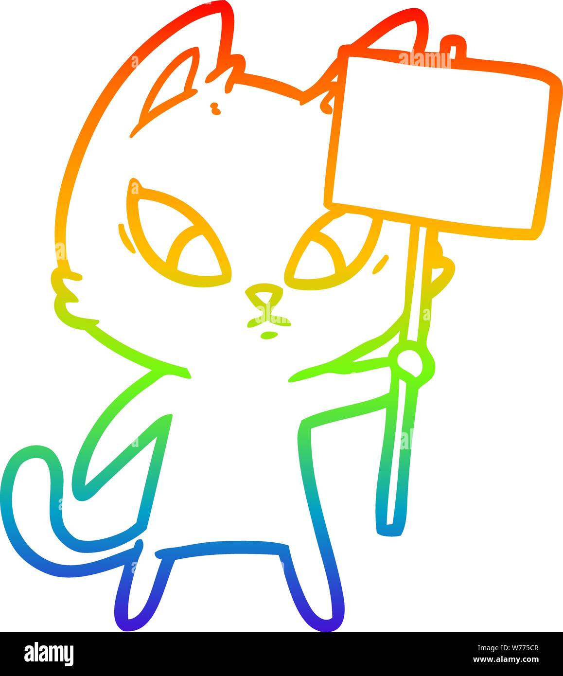 rainbow gradient line drawing of a confused cartoon cat with protest ...