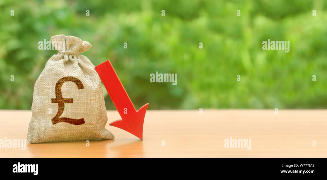 Money bag with pound sterling symbol and red arrow down. depreciation ...