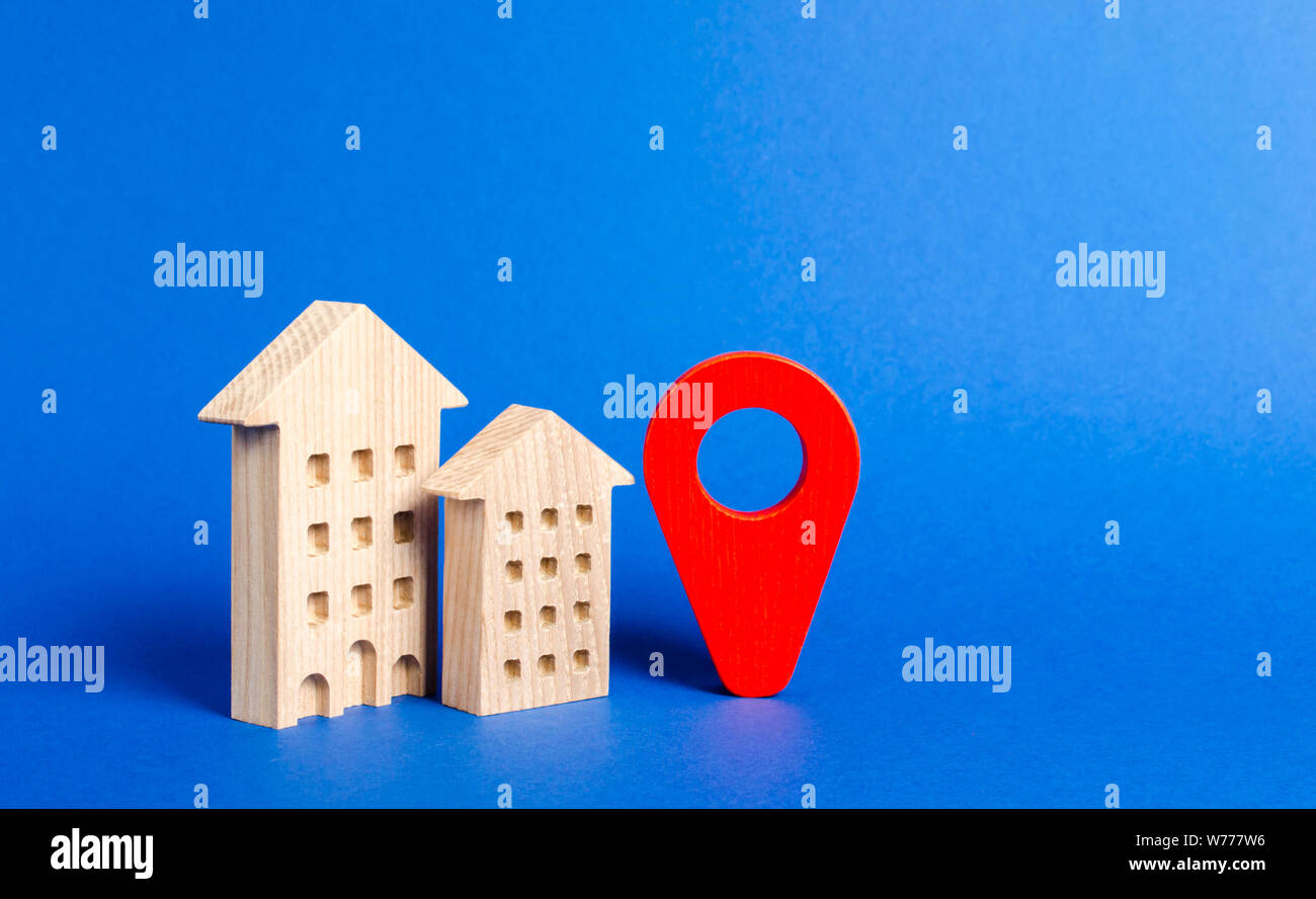 residential houses and red navigation pointer pin. location of ...
