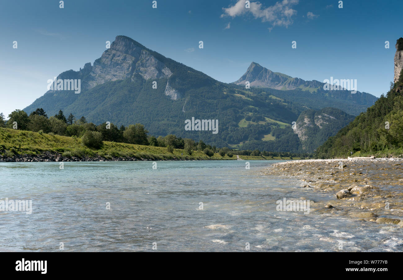 Rhine river and Swiss Alps mountain landscape in high summer Stock ...
