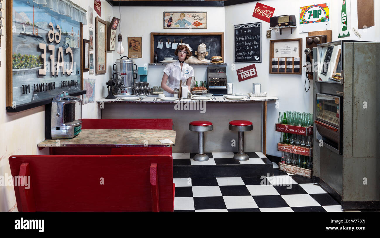 A depiction of an old roadside diner, part of an unusual dual-themed ...