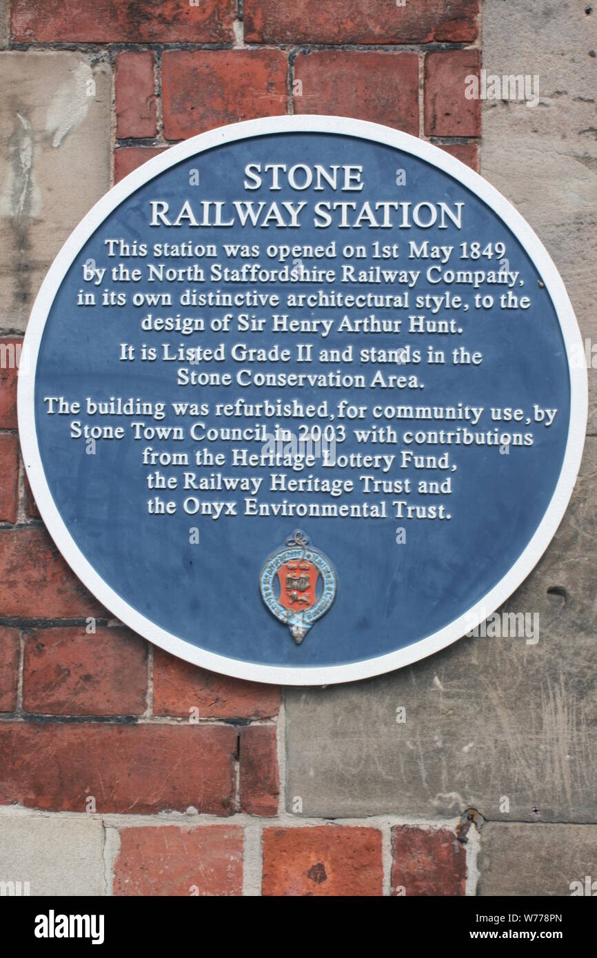 Blue plaque attached to the wall of Stone Railway Station ...