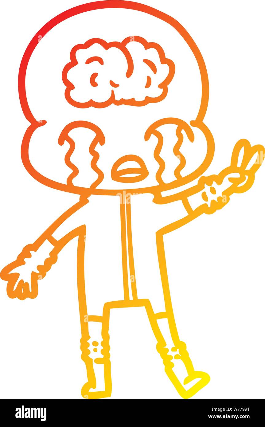 warm gradient line drawing of a cartoon big brain alien crying and ...