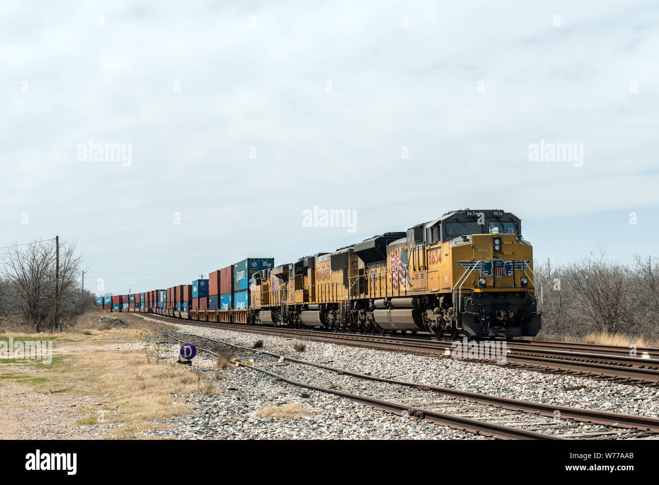 A long Union Pacific freight train approaches near Cisco in Eastland ...