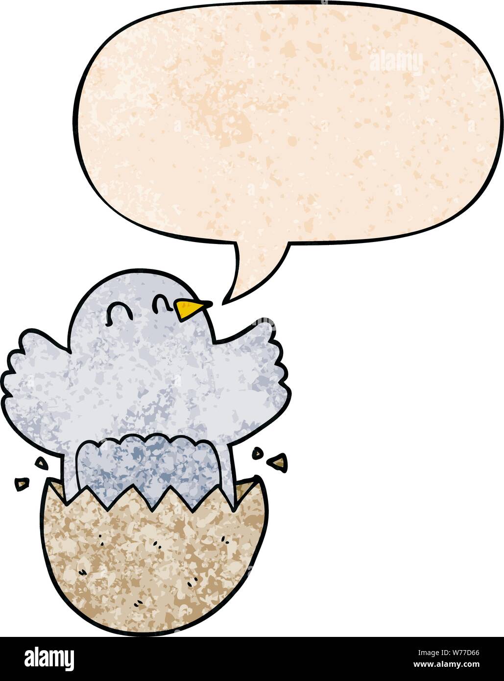 cartoon hatching chicken with speech bubble in retro texture style ...