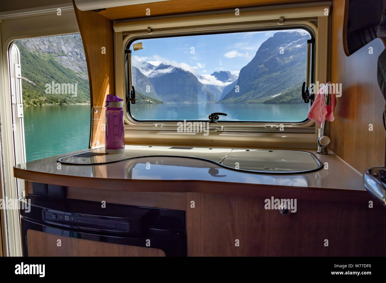 View from the window of the motorhome RV Caravan on the beautiful ...