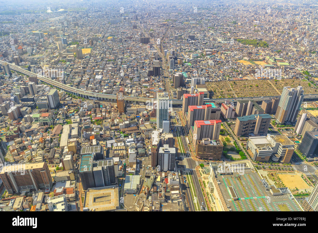 Urban details background. Aerial view of Osaka city skyline from ...