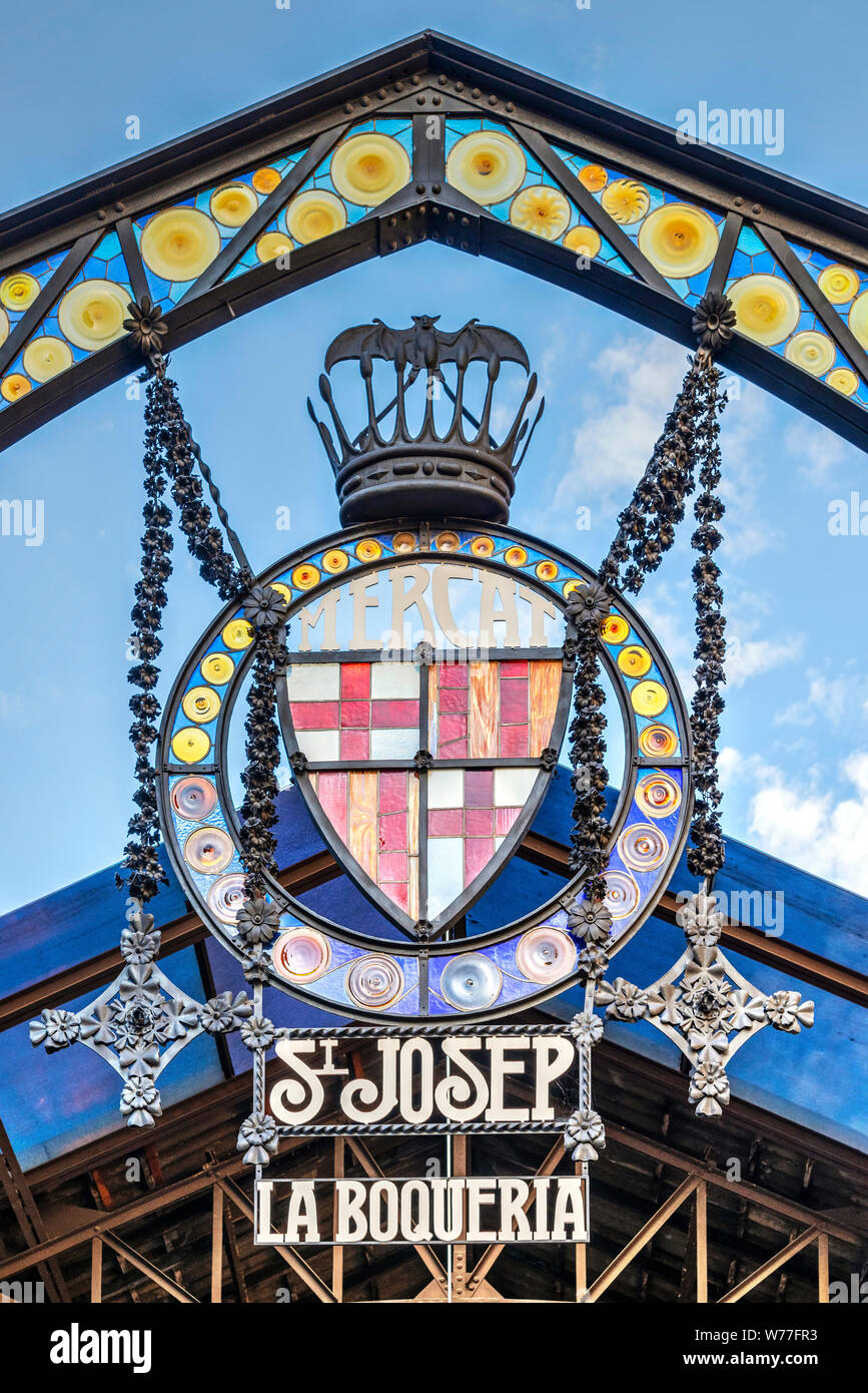 La Boqueria food market entrance sign, Barcelona, Catalonia, Spain ...