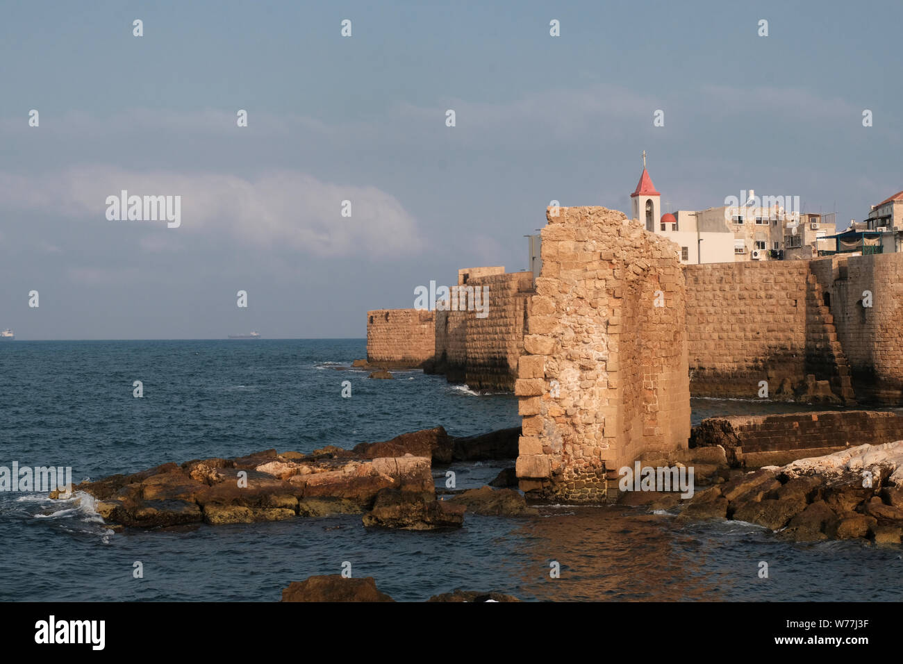 View of the southern fortified walls surrounding the old city of Akko ...